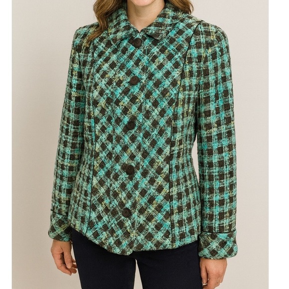 Sigrid Olsen | Jackets & Coats | Sigrid Olsen Green Teal Brown Check ...